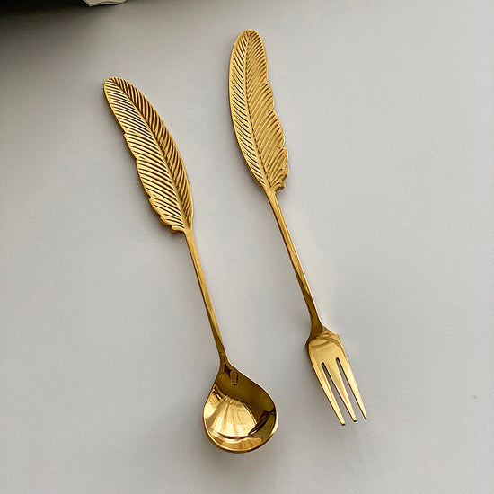 MOREUSHOP | Feather Stainless Steel Dessert Spoon & Fork – Moreushop®