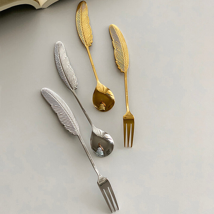 MOREUSHOP | Feather Stainless Steel Dessert Spoon & Fork – Moreushop®